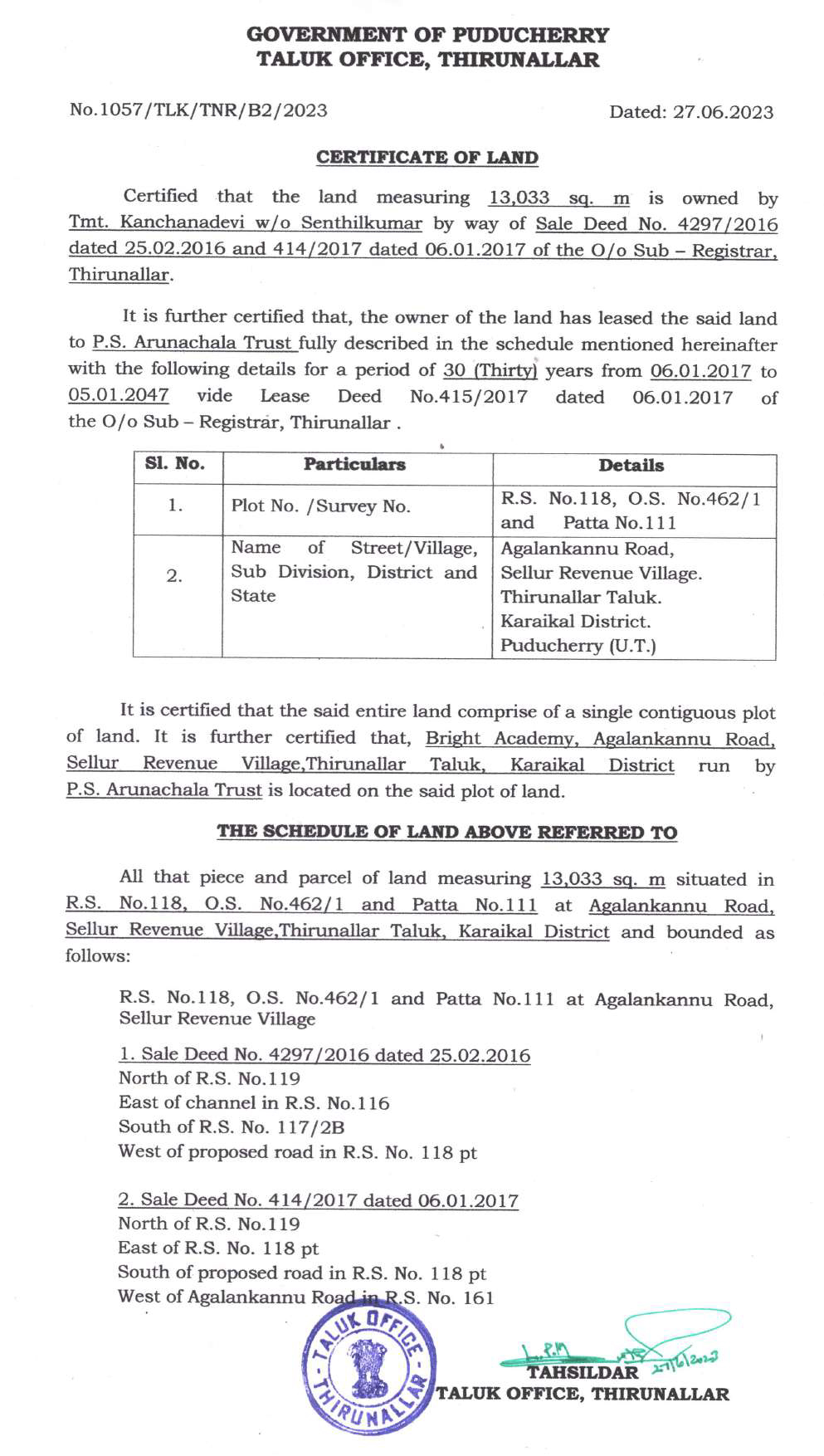 Land Certificate - Maulana Aboul Kalam Azad Matriculation School - Tiruvarur